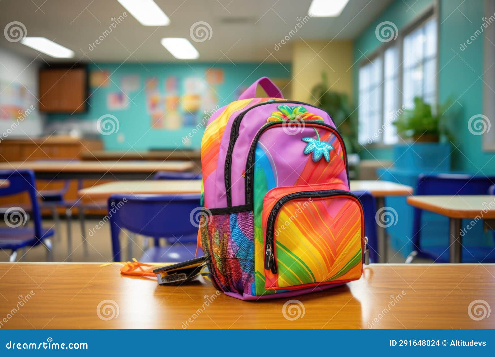 Colorful Backpack on Classroom Desk with Lunchbox Peeking Out Stock ...