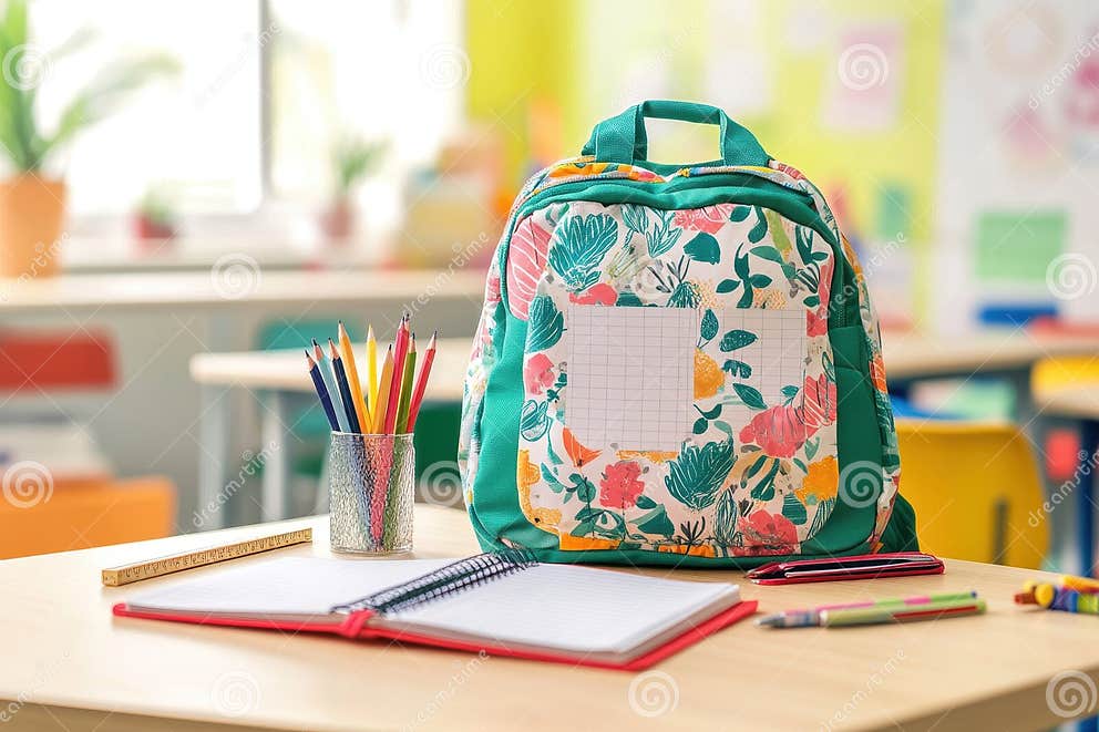 A Colorful Backpack on a Desk with Stationery and Notebooks in a ...