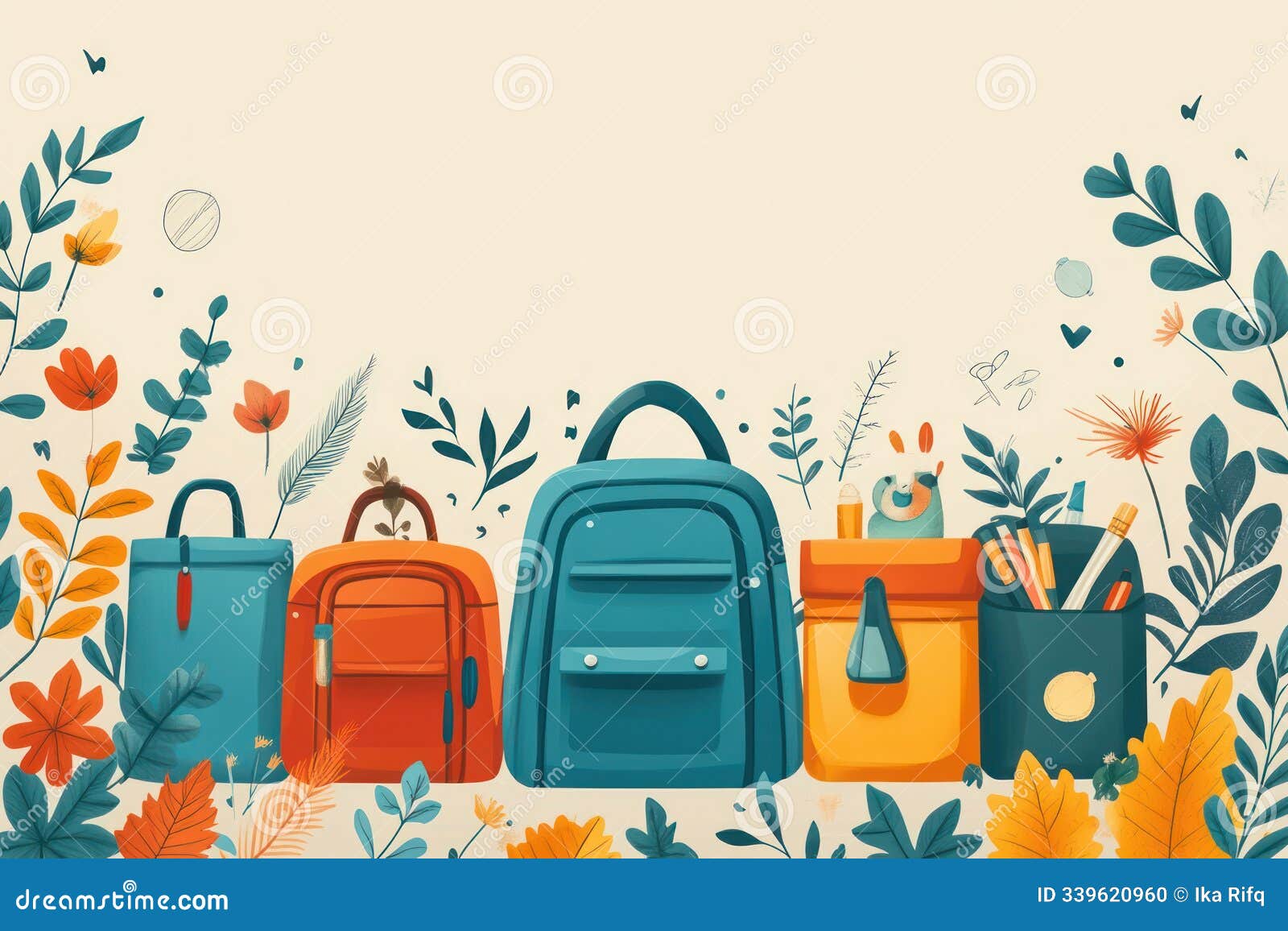 Colorful Backpacks with Floral Border Illustration Stock Illustration ...