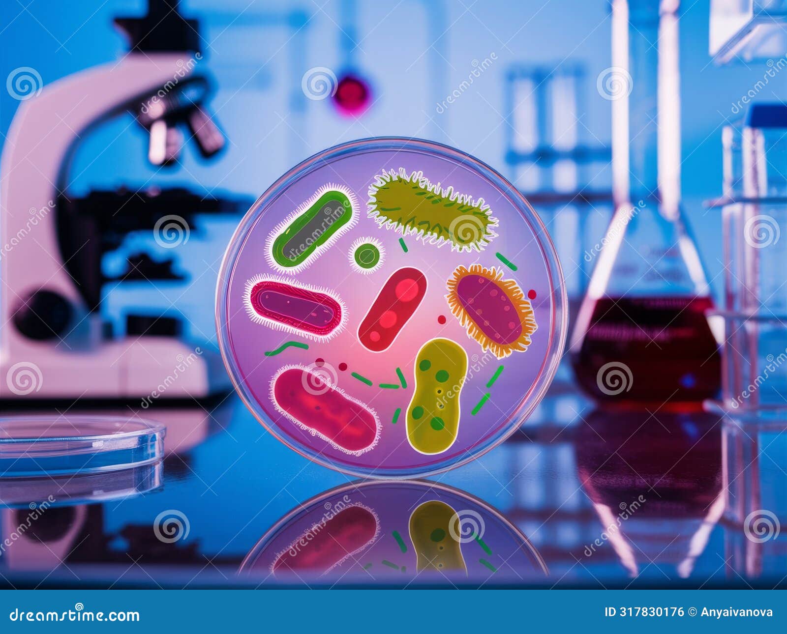 Colorful Bacteria Cultures in Petri Dish on Laboratory Counter with ...