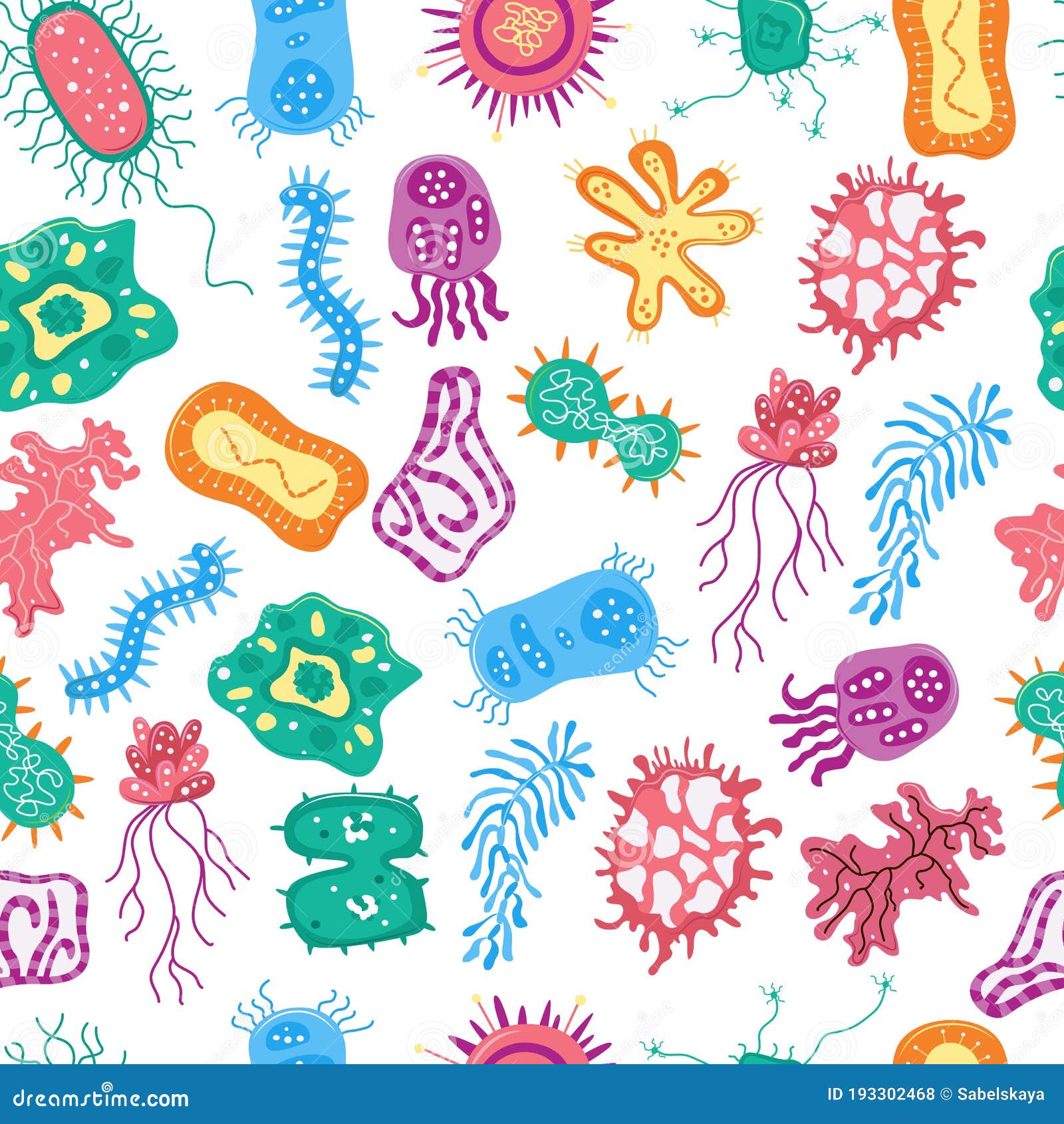 Colorful Bacteria Seamless Pattern Isolated on White Background Stock ...