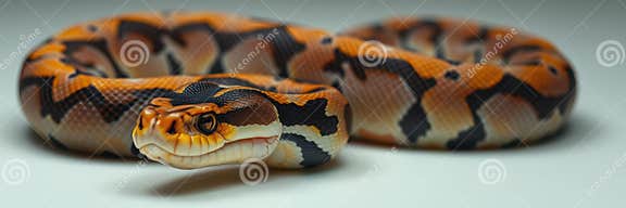 Colorful Ball Python Coiled on a Smooth Surface Under Soft Lighting during a Quiet Indoor ...