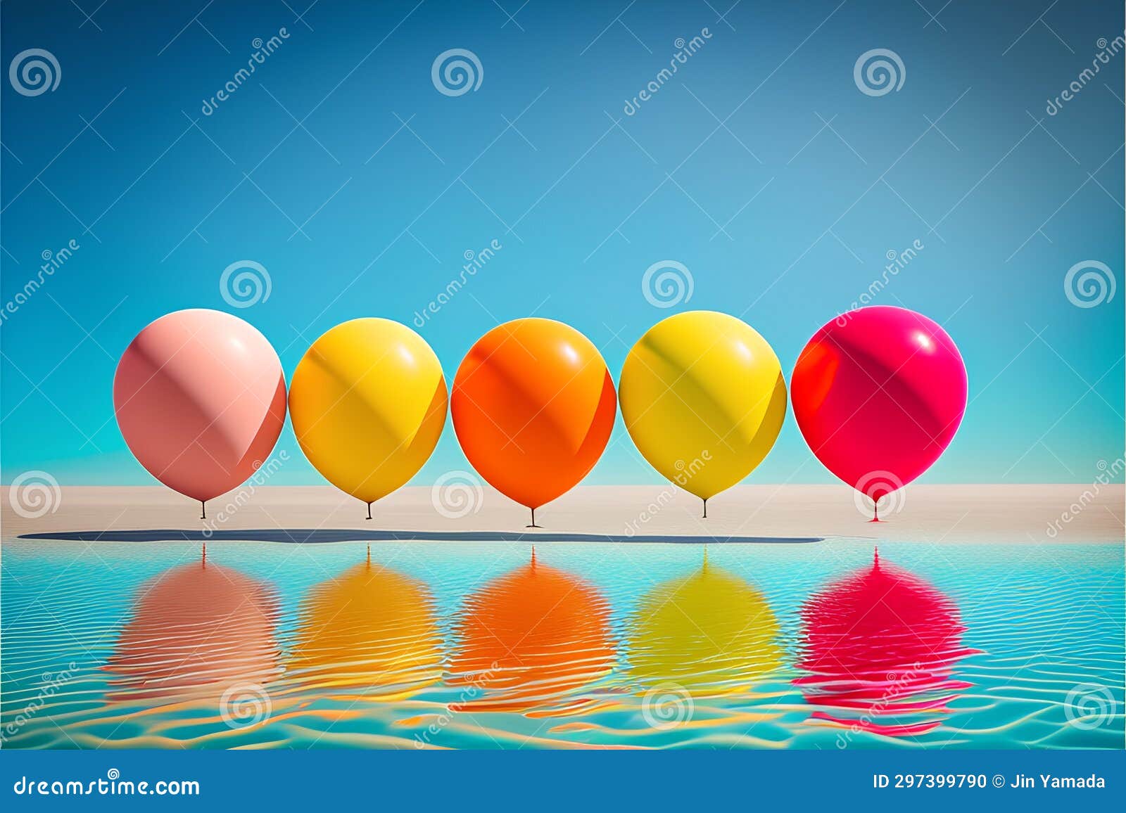 Colorful Balloons on the Beach and Blue Sky with Reflection in Water ...