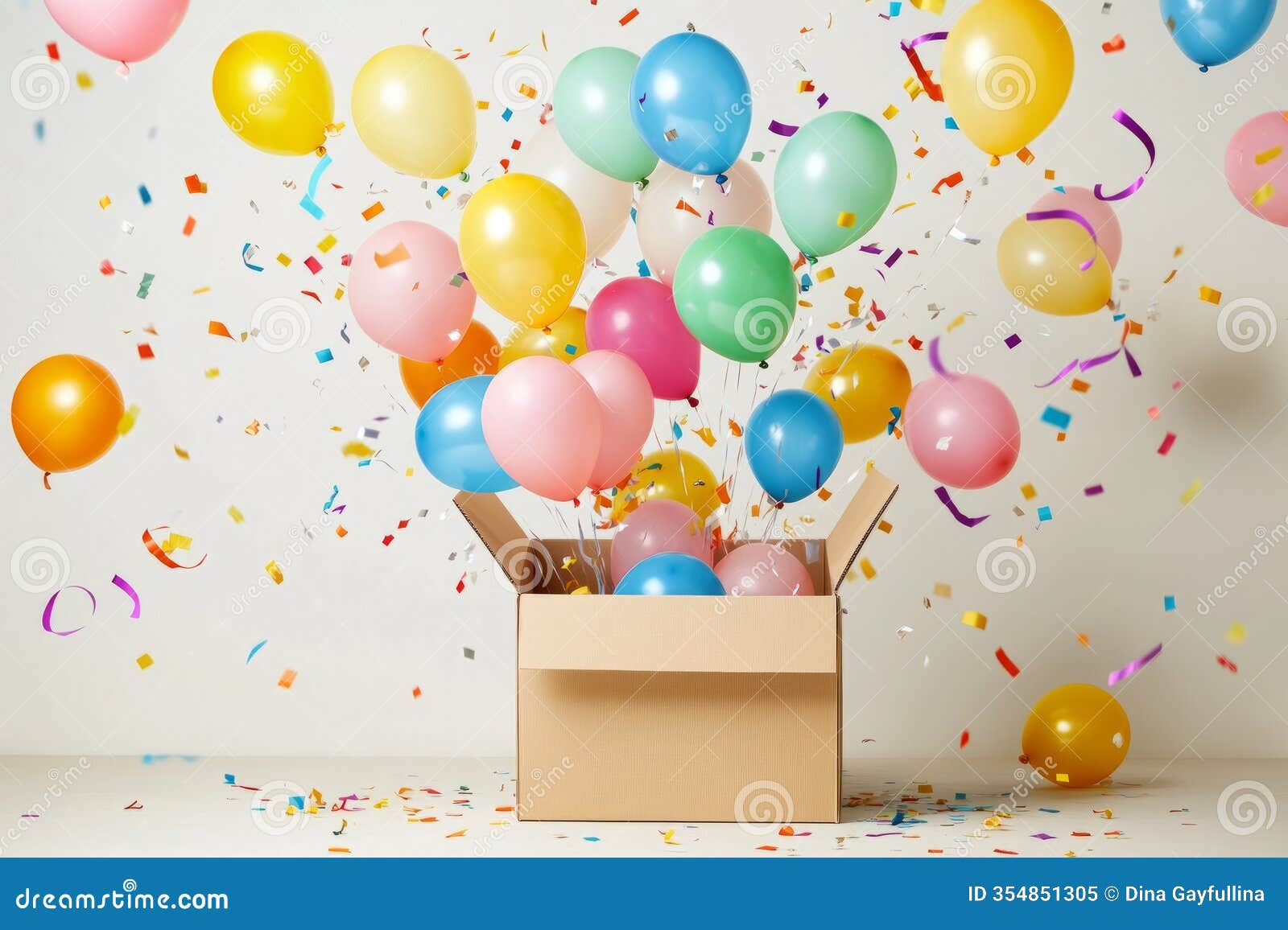 Colorful Balloons and Confetti Exploding from a Cardboard Box Stock ...