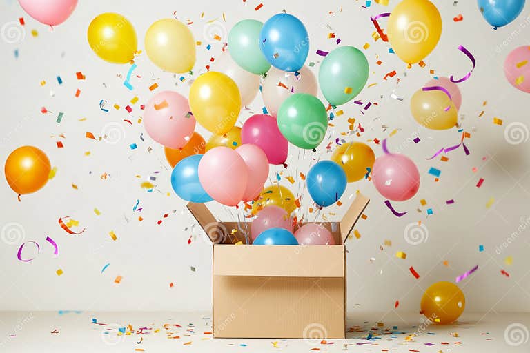 Colorful Balloons and Confetti Exploding from a Cardboard Box Stock ...