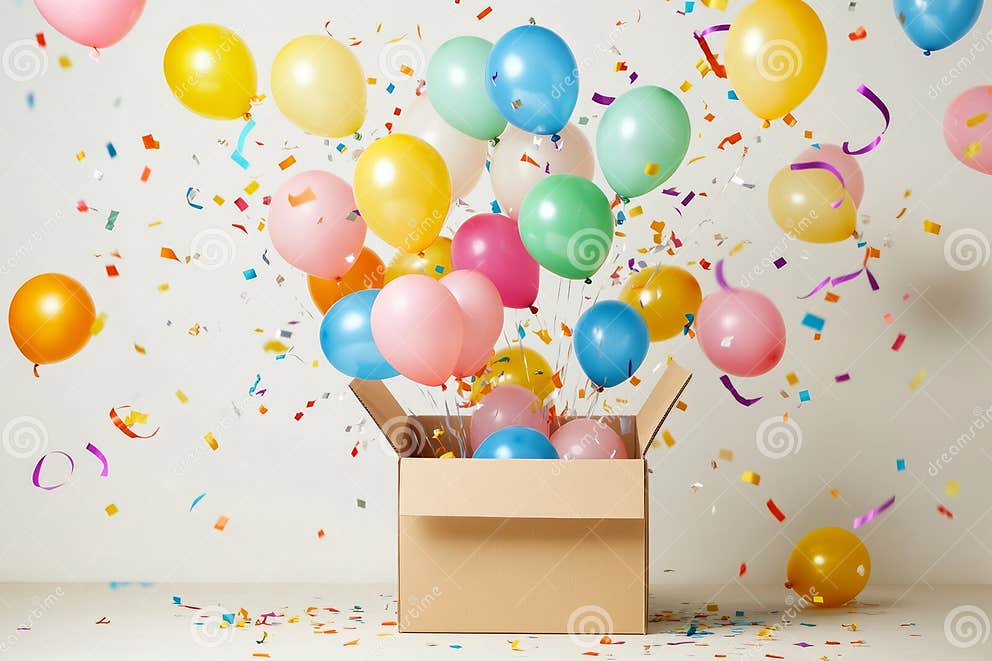 Colorful Balloons and Confetti Exploding from a Cardboard Box Stock ...