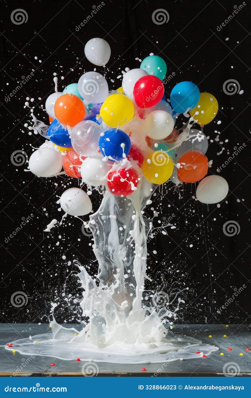 Colorful Balloons Exploding in a Splash of Milk Stock Illustration ...