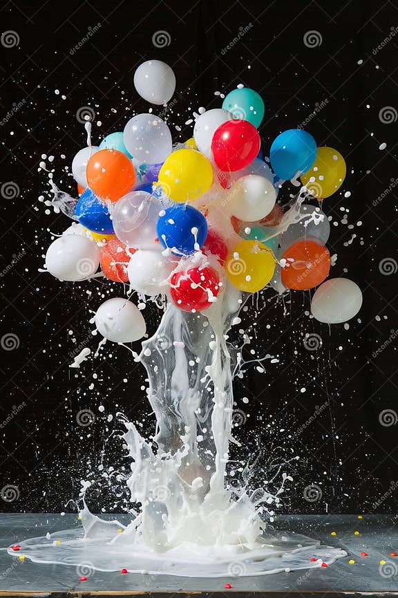 Colorful Balloons Exploding in a Splash of Milk Stock Illustration ...