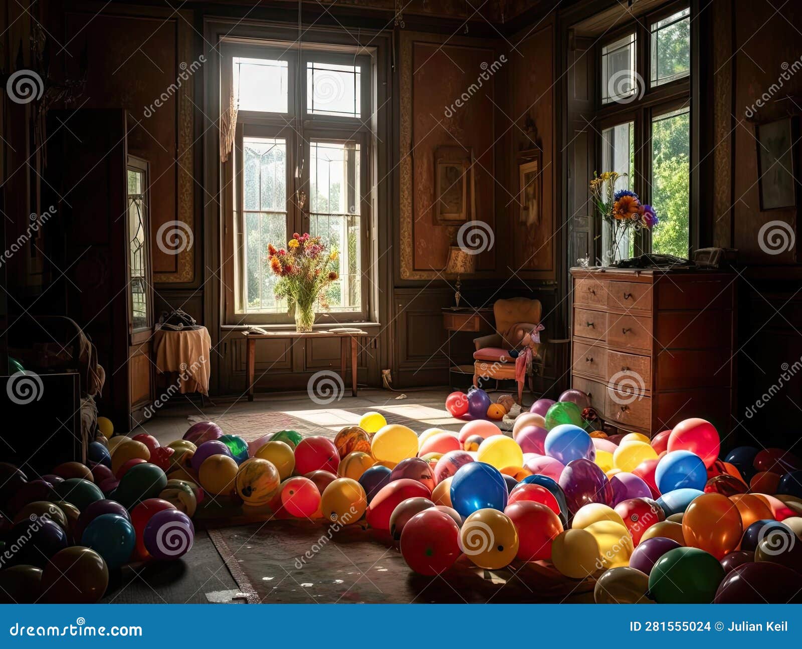 Colorful Balloons Fill Room with Joy and Sunlight Stock Illustration ...