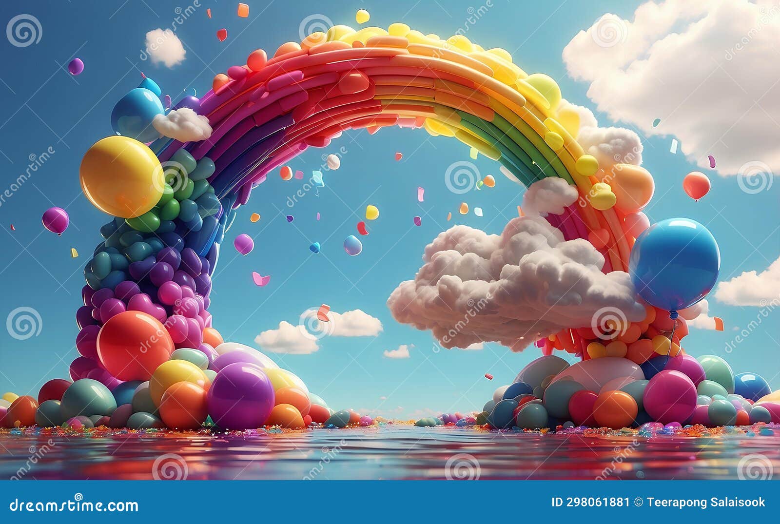 A Colorful Balloons Rainbow and Clouds Party Background Stock Image - Image of concept, play ...