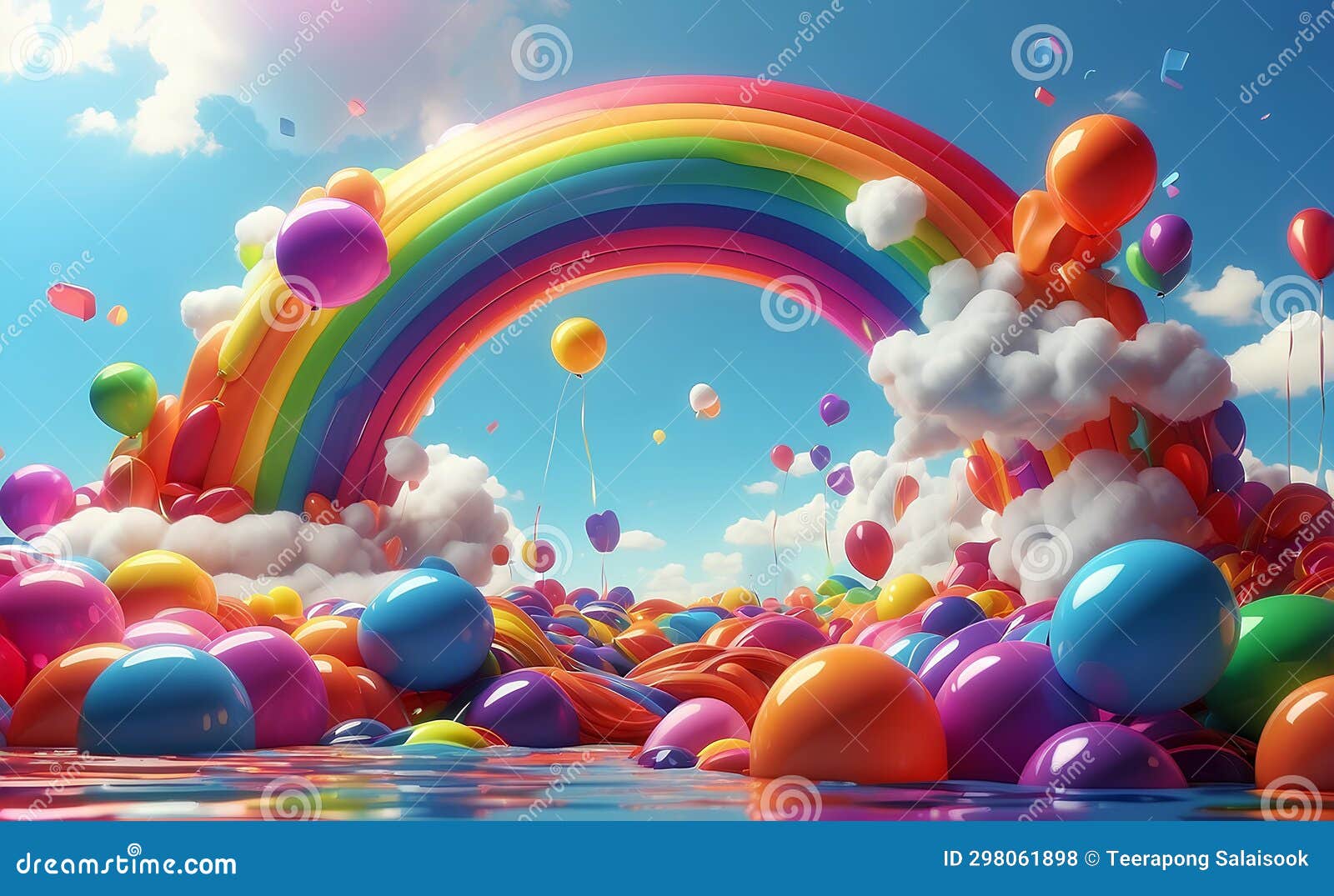 A Colorful Balloons Rainbow and Clouds Party Background Stock Illustration - Illustration of ...