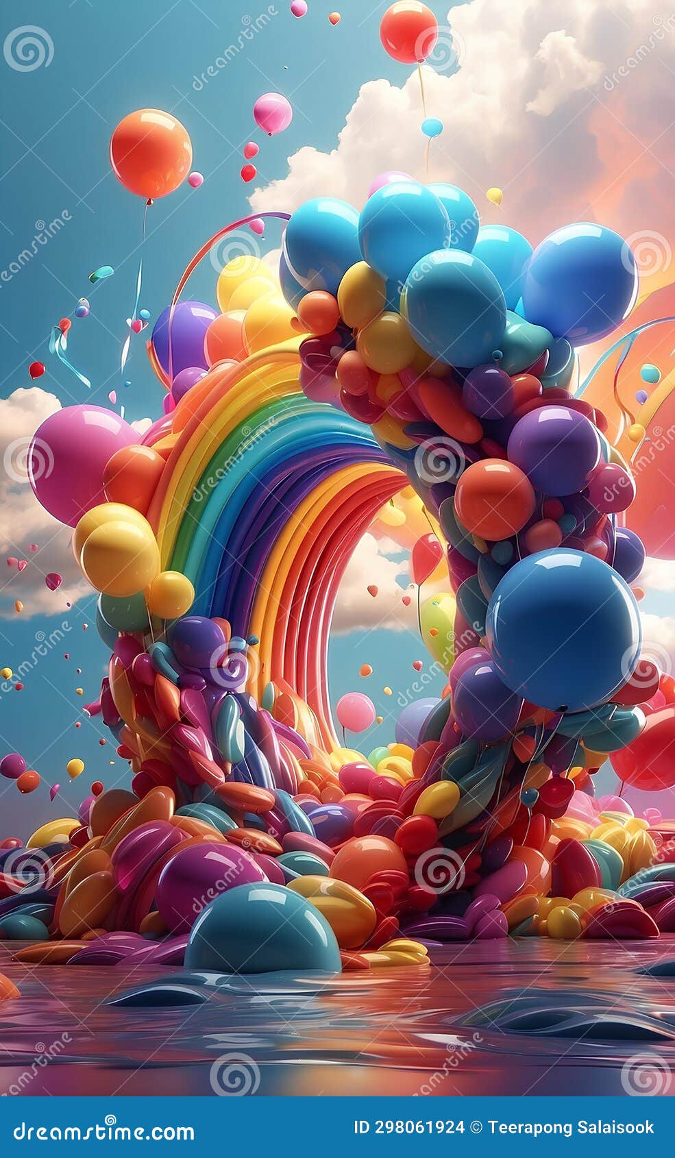 A Colorful Balloons Rainbow and Clouds Party Background Stock Illustration - Illustration of ...