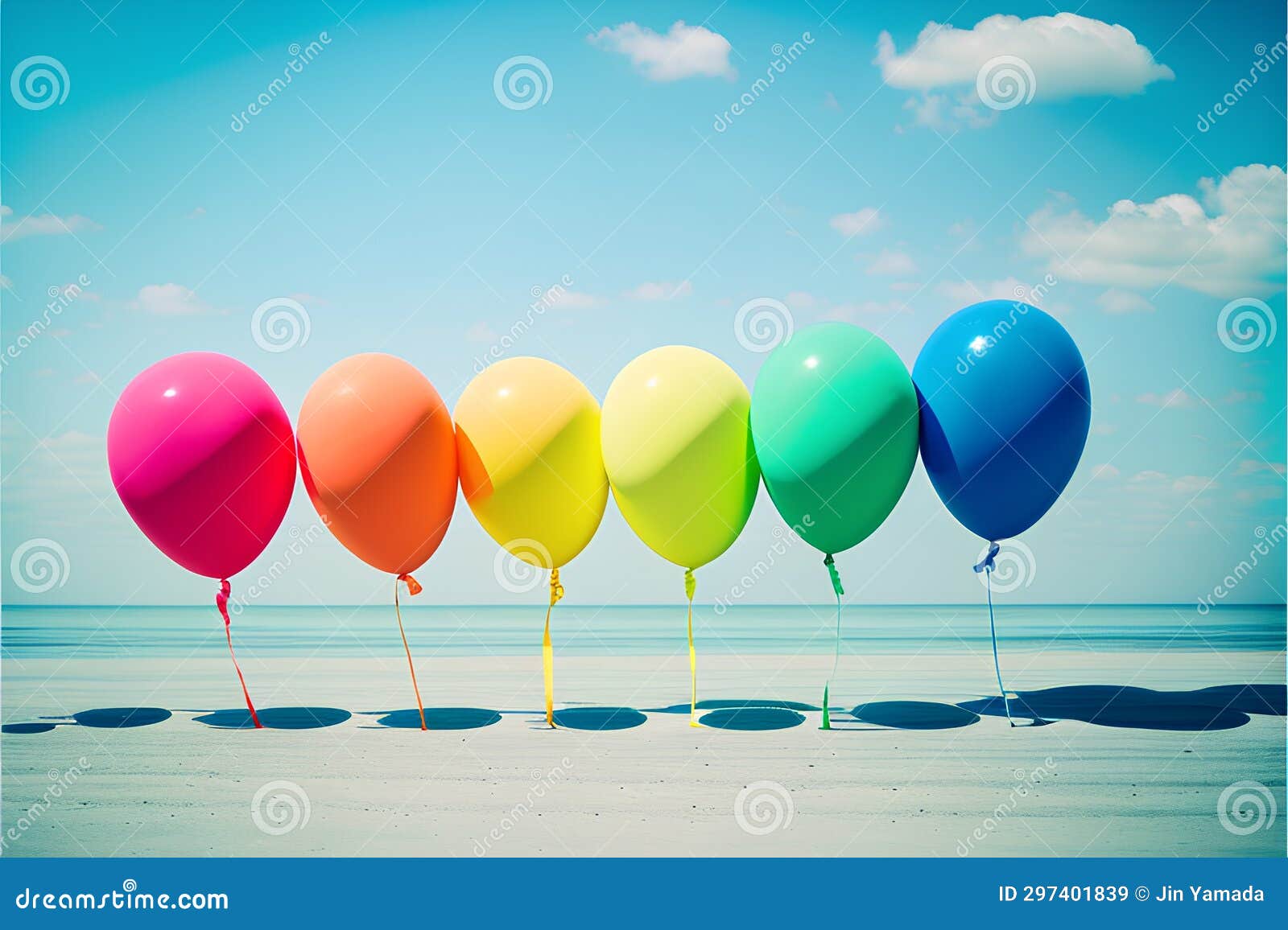 Colorful Balloons on the Sandy Beach with Blue Sky and White Clouds ...