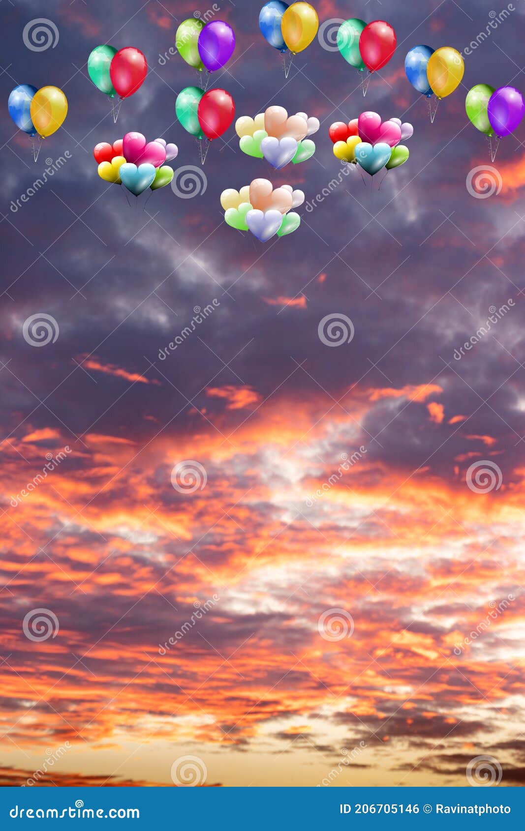 Colorful Balloons Up in the Sky at Colorful Sunset Stock Photo - Image ...