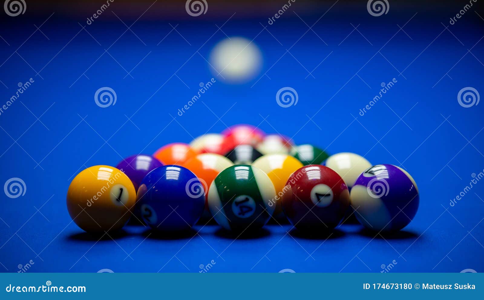 Colorful Balls on a Blue Pool Table. Set Up and Ready To Play Stock ...