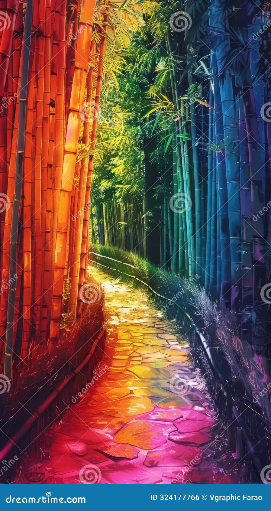 Colorful Bamboo Forest with Rainbow Path, Nature and Tranquility ...