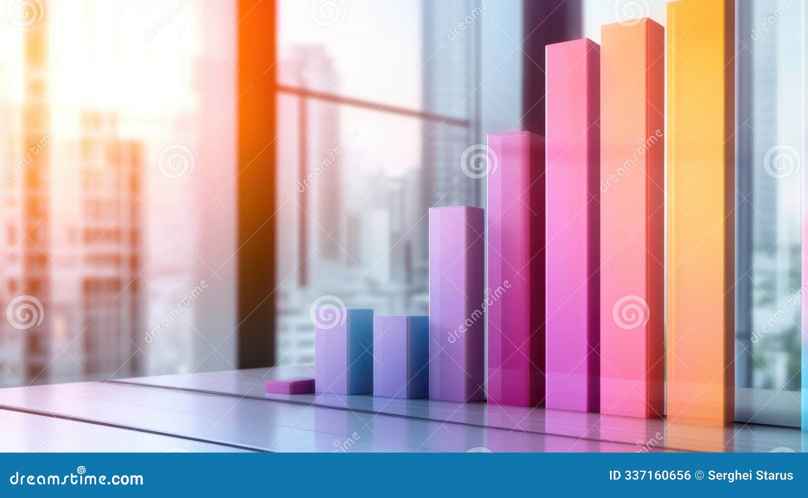 A Colorful Bar Chart on a Table in Front of Cityscape, AI Stock Photo ...