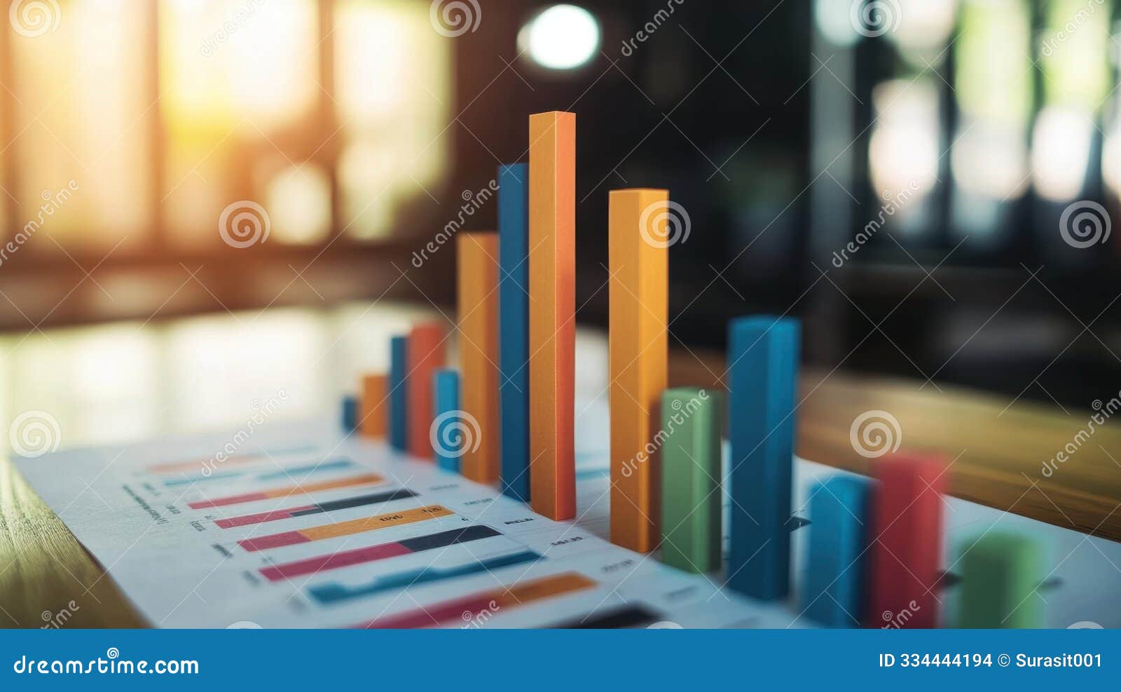 A Colorful Bar Chart is on a Table with a Window Behind it Stock ...