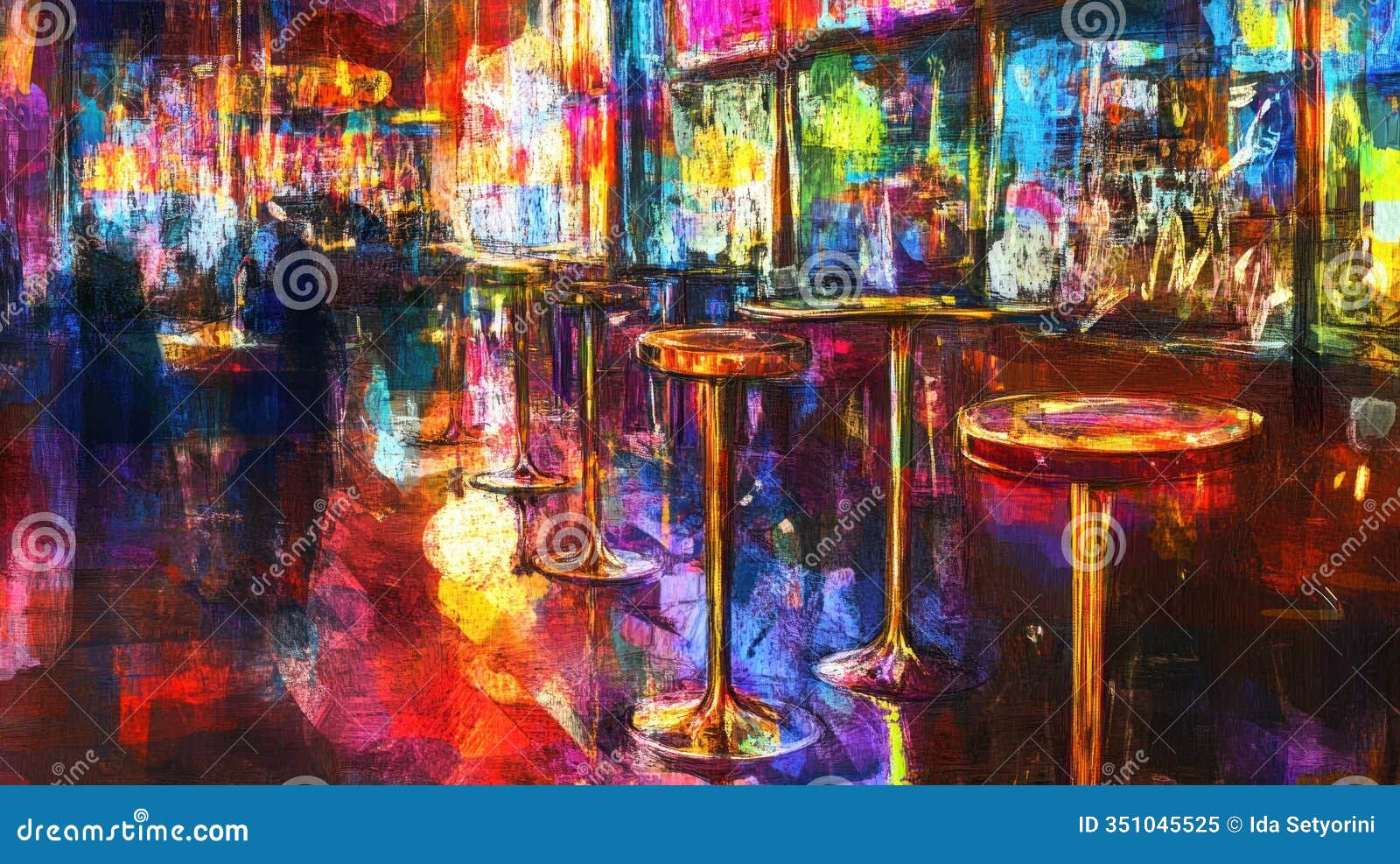 Colorful Bar Scene with Empty Stools and a Lone Figure Stock Image ...