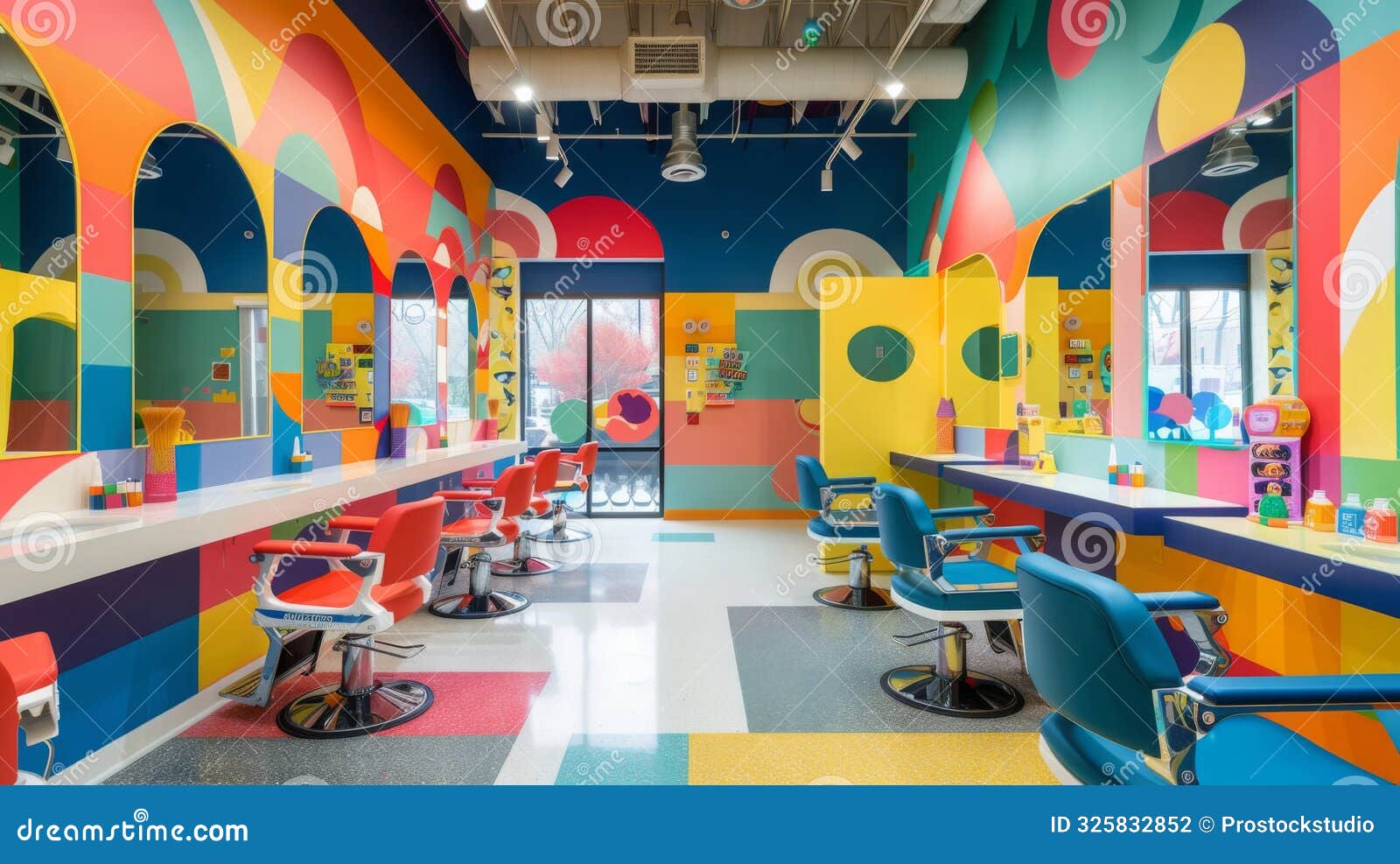 Colorful Barbershop Interior with Multiple Styling Stations Stock Photo ...