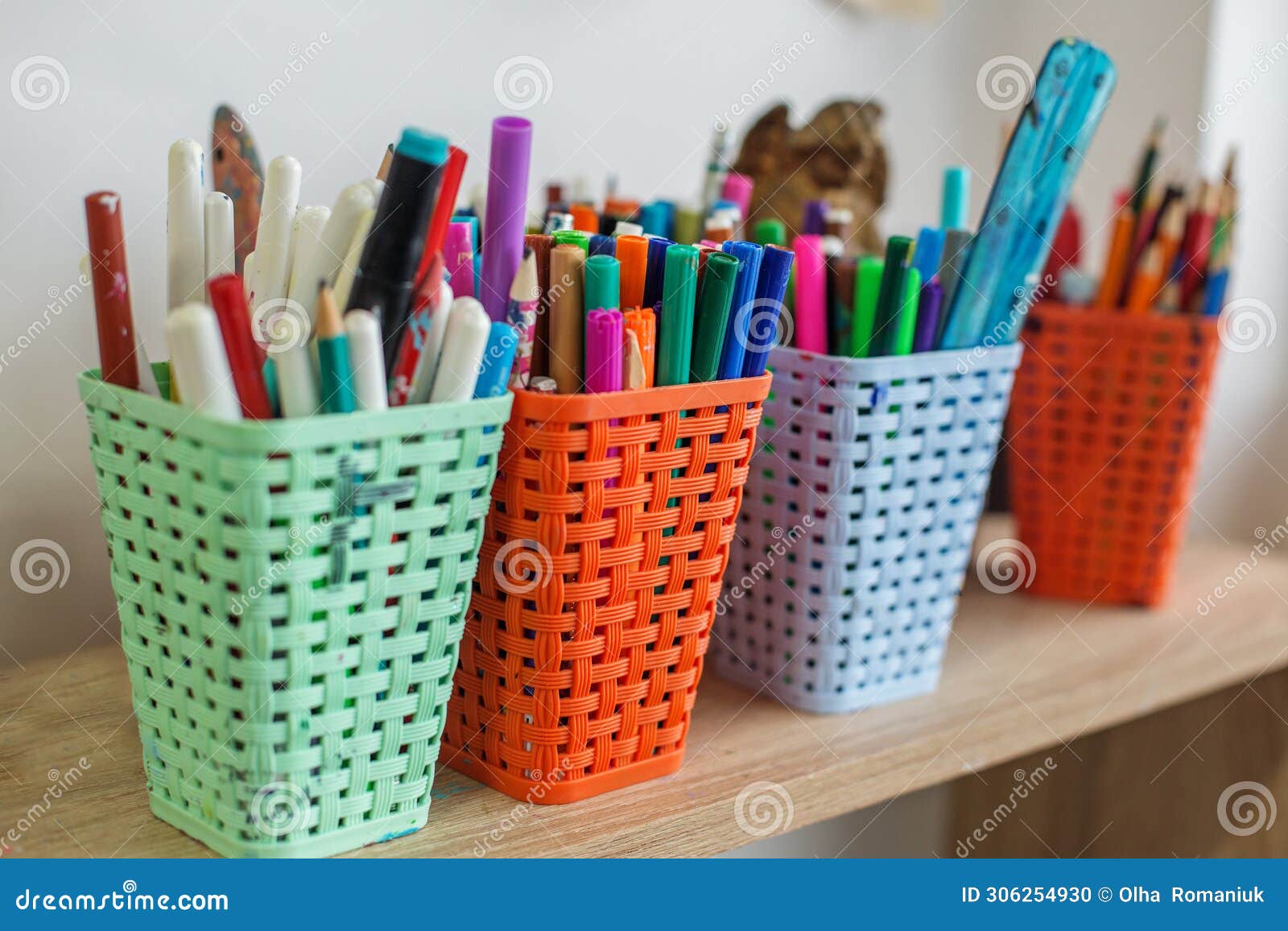 Colorful Baskets of Markers and Pens in Classroom Stock Photo - Image ...