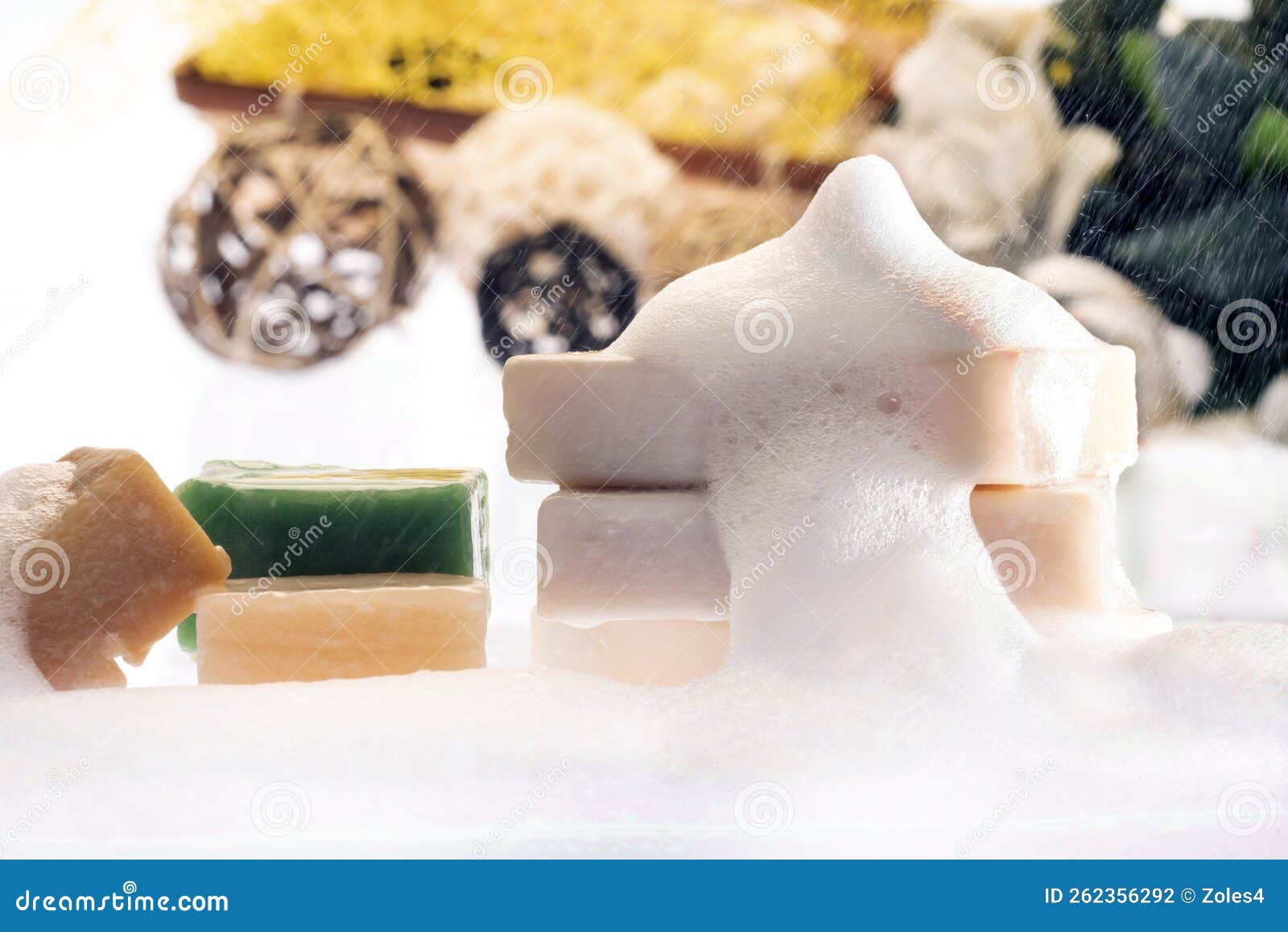 Colorful Bath Soaps with Foam and Water Drops Stock Photo - Image of ...