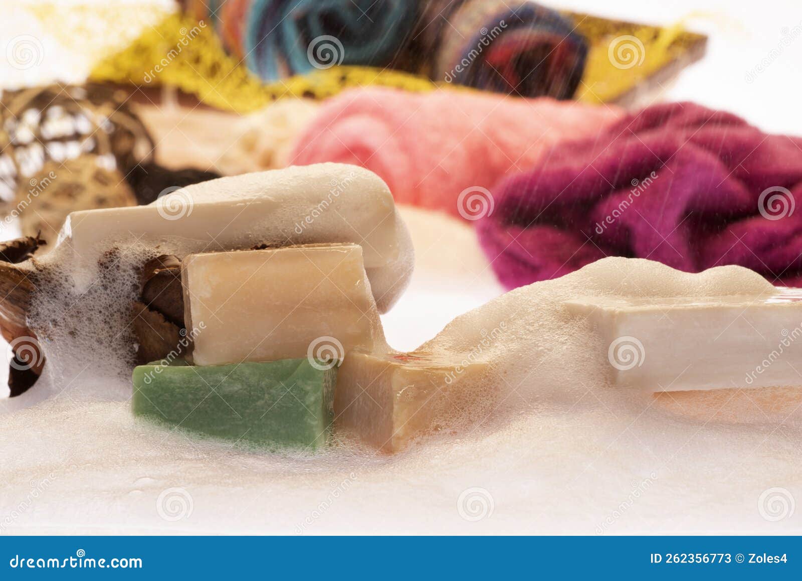 Colorful Bath Soaps with Foam and Water Drops Stock Image - Image of ...