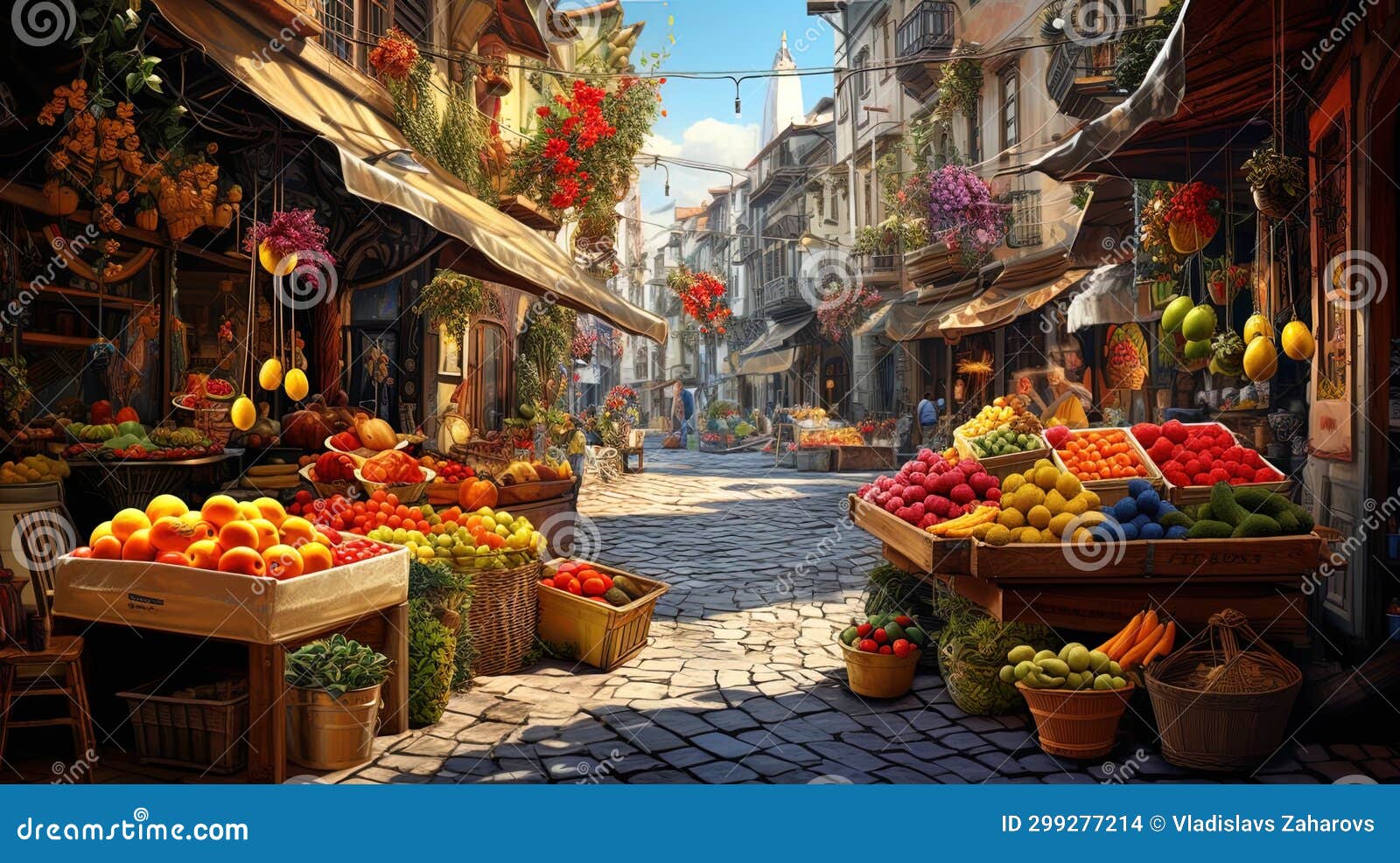 A Colorful Bazaar with Bright Fruits Stock Illustration - Illustration ...