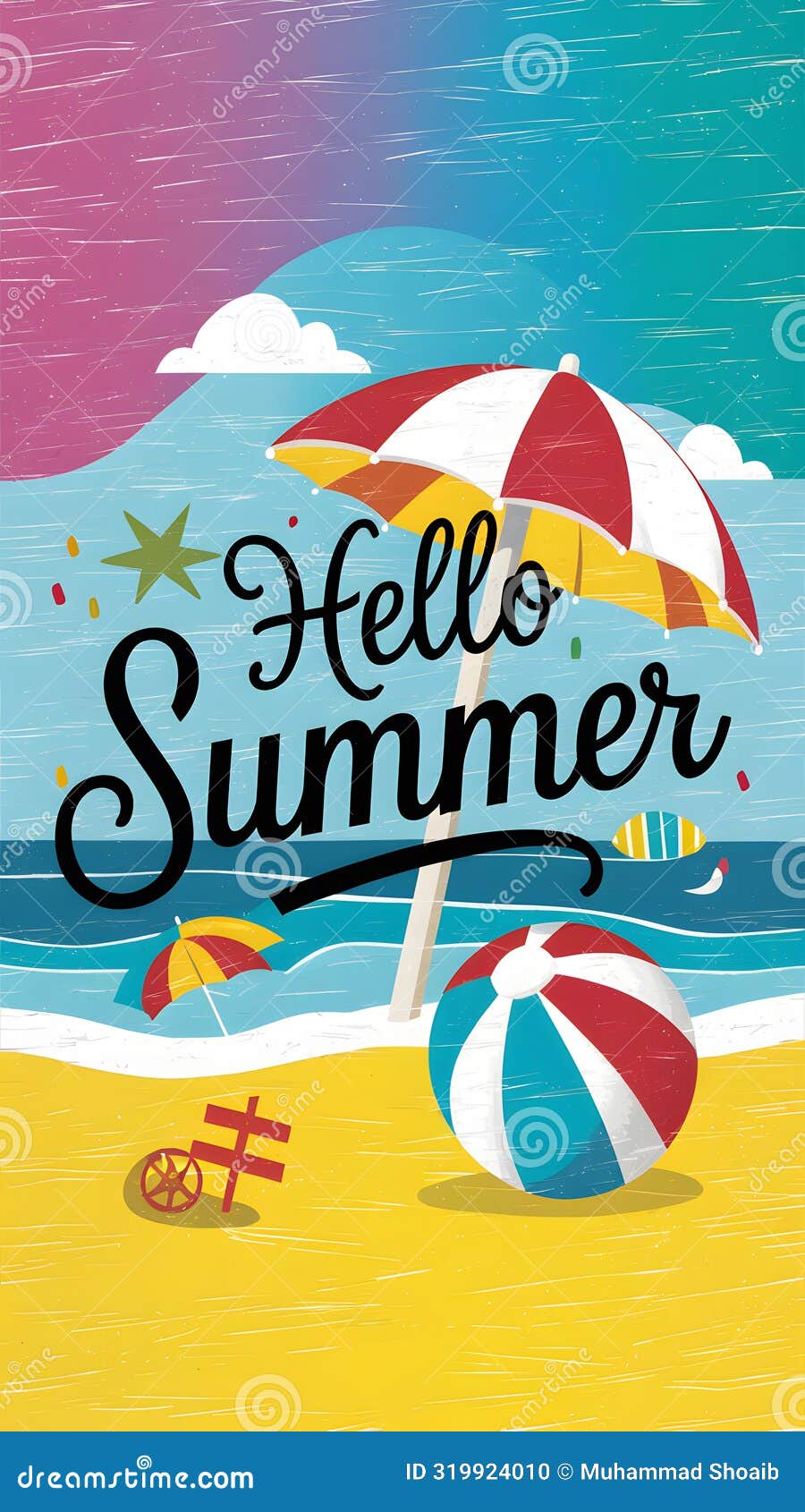 Colorful Beach Scene with Playful Elements, Hello Summer in Elegant ...