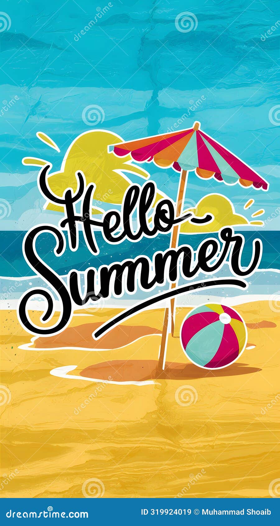 Colorful Beach Scene with Playful Elements, Hello Summer in Elegant ...