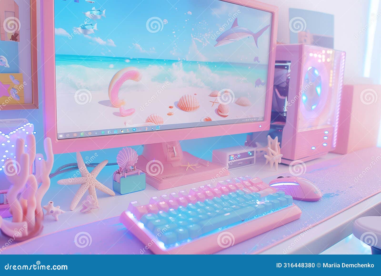 Colorful Beach-themed Computer Setup with Starfish, Seashell Decoration ...