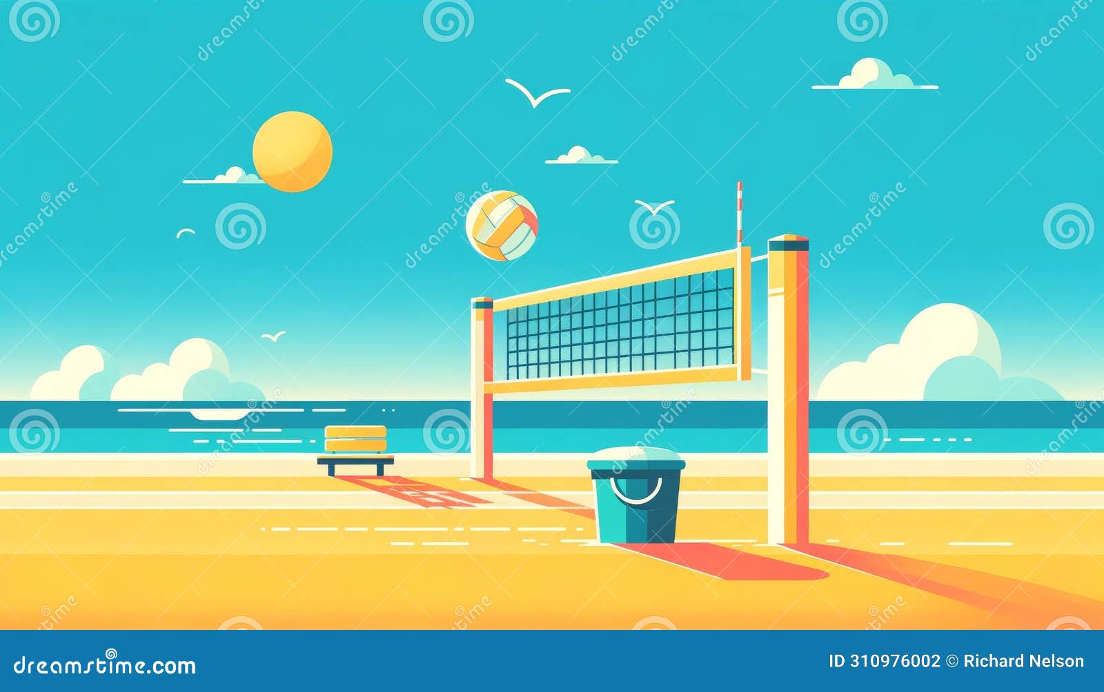 Colorful Beach Volleyball Court With Sunny Sky Stock Illustration
