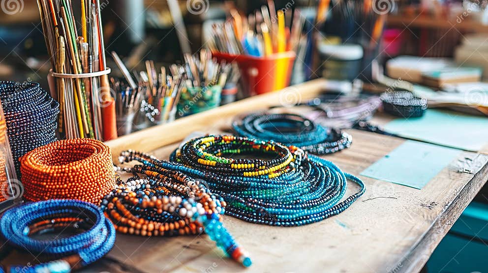 A Colorful Beadwork Station with Strings, Beads, and Bracelets in Stock ...