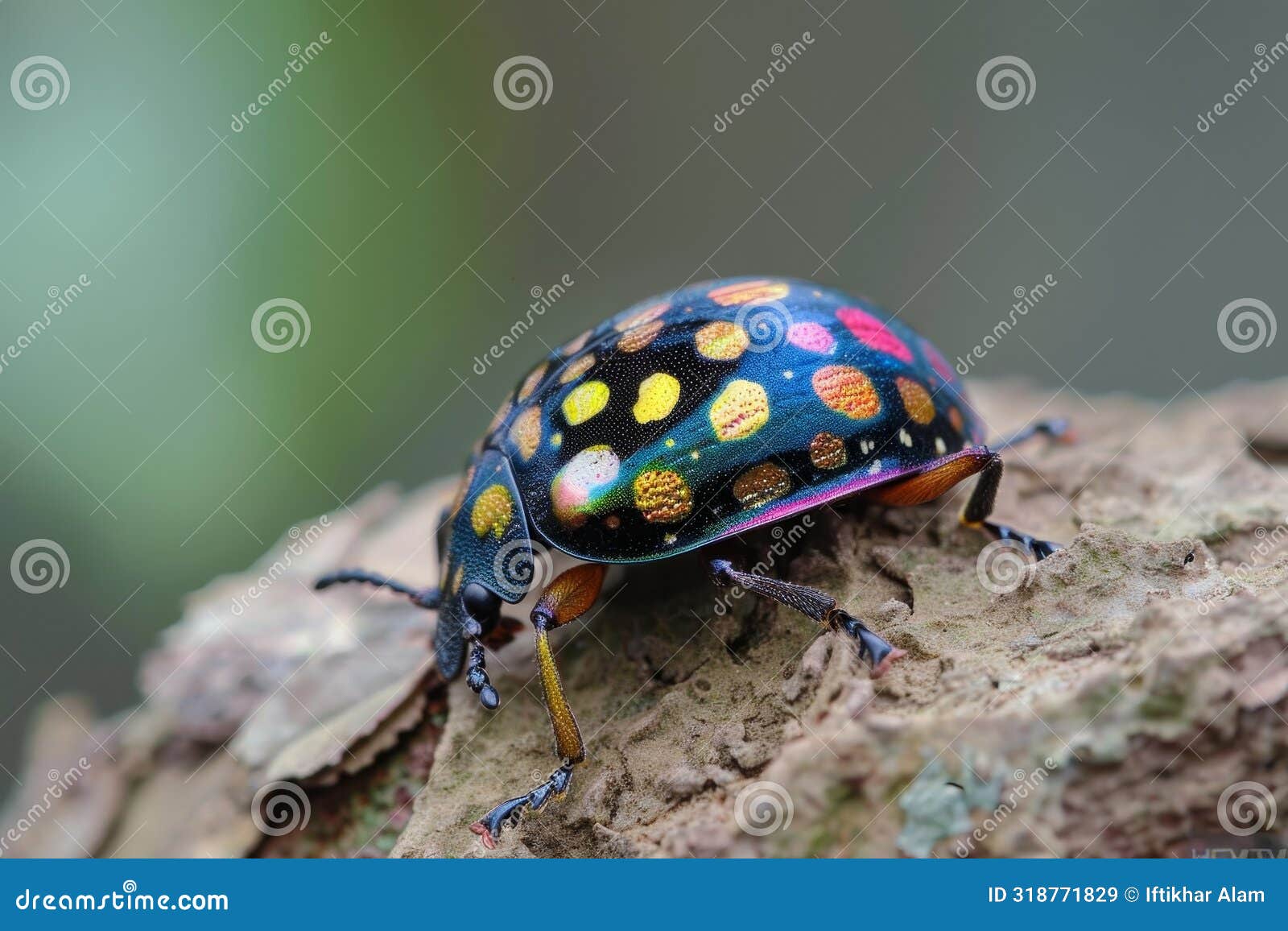 A Colorful Beetle Perched on a Tree Branch with Bright Spots on Its ...