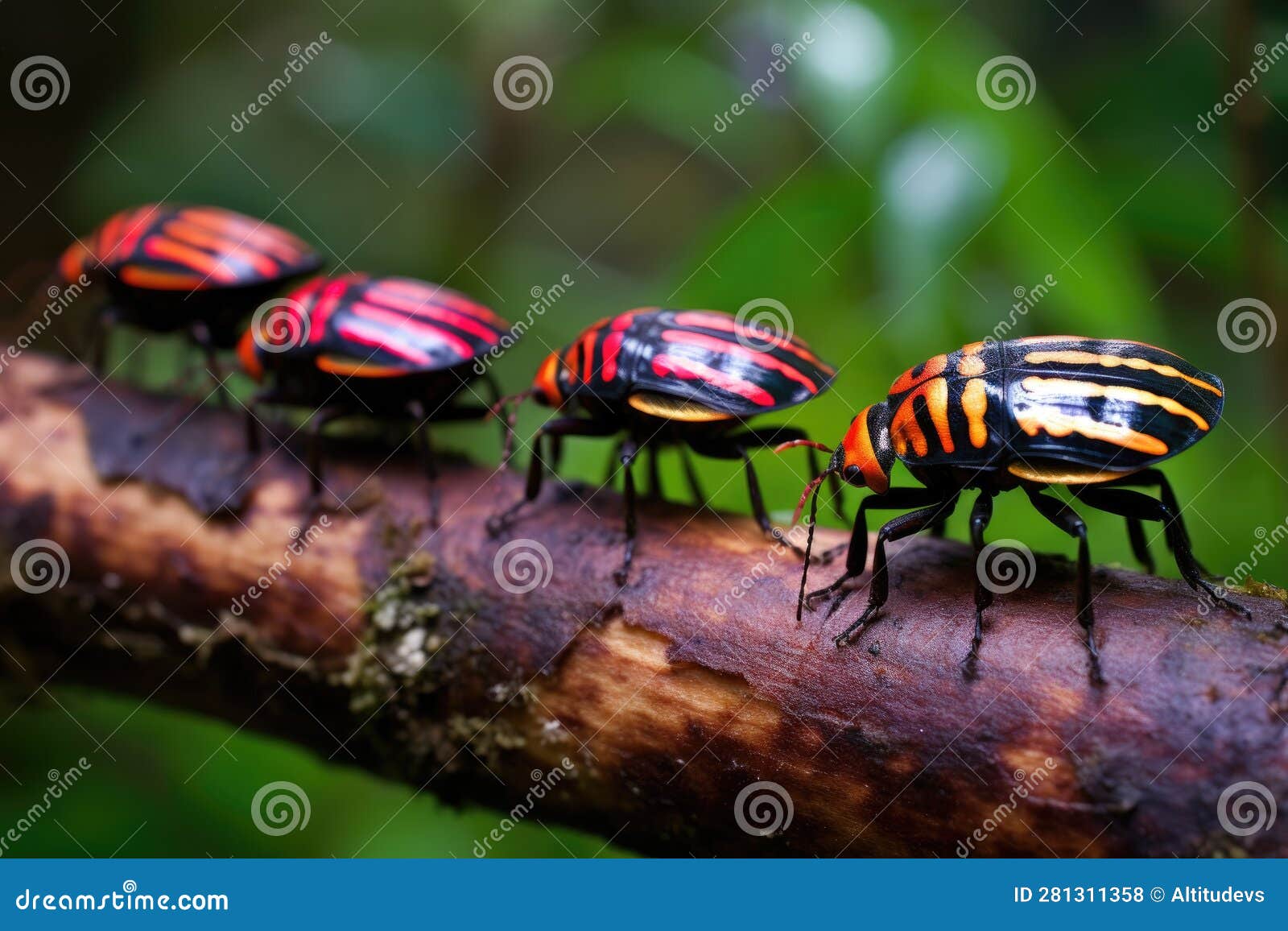 Colorful Beetles in Line on a Tree Branch Stock Illustration ...