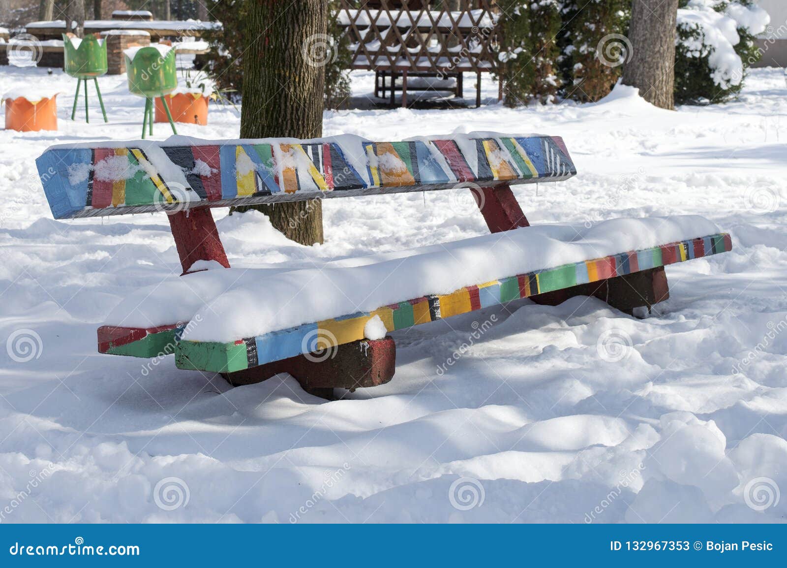Bench in the snow stock image. Image of tree, wood, winter - 132967353