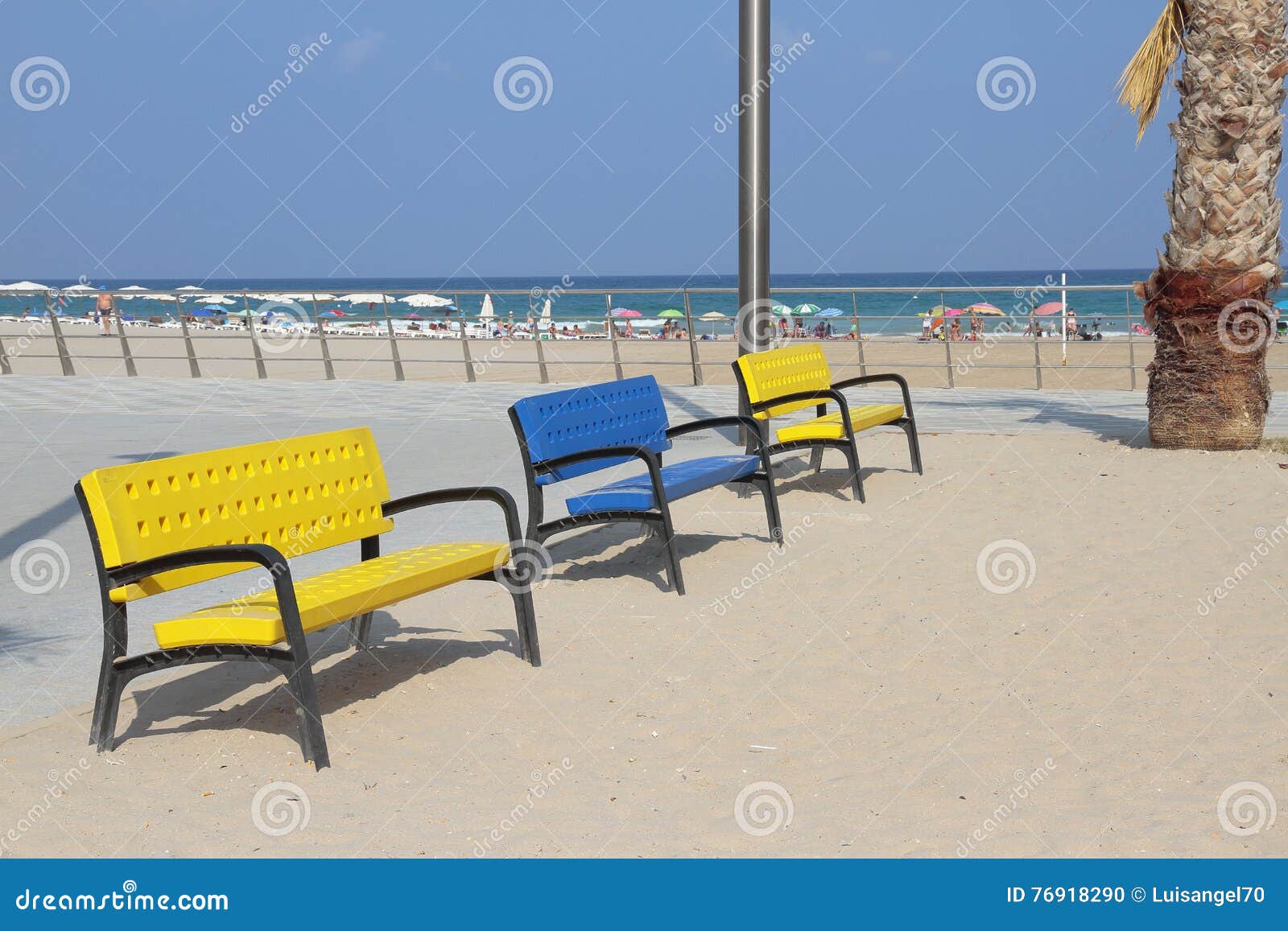 Colorful Benches on the Beach Stock Photo - Image of benches, alicante ...