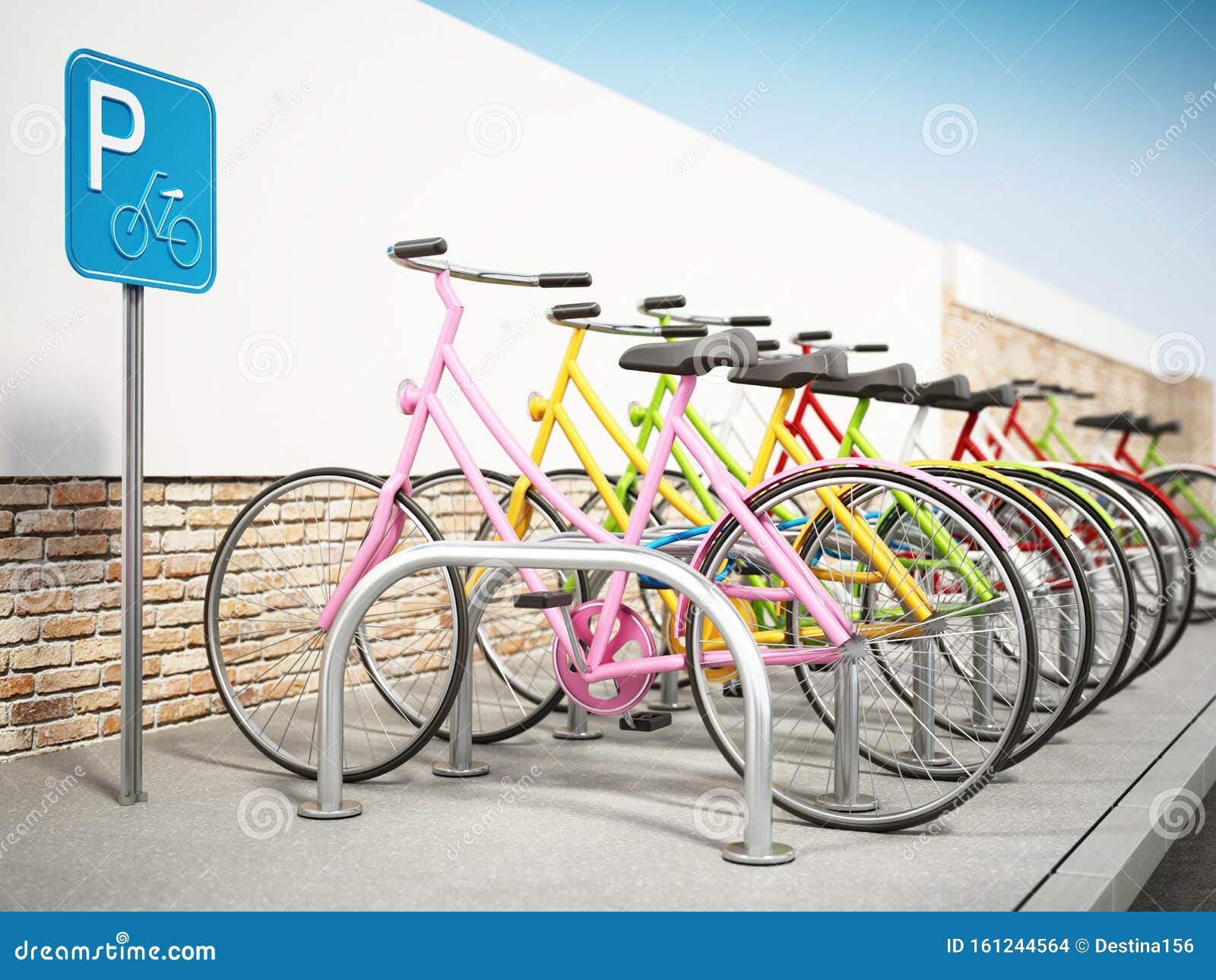 Colorful Bicycles in Bicycle Parking Area. 3D Illustration Stock ...