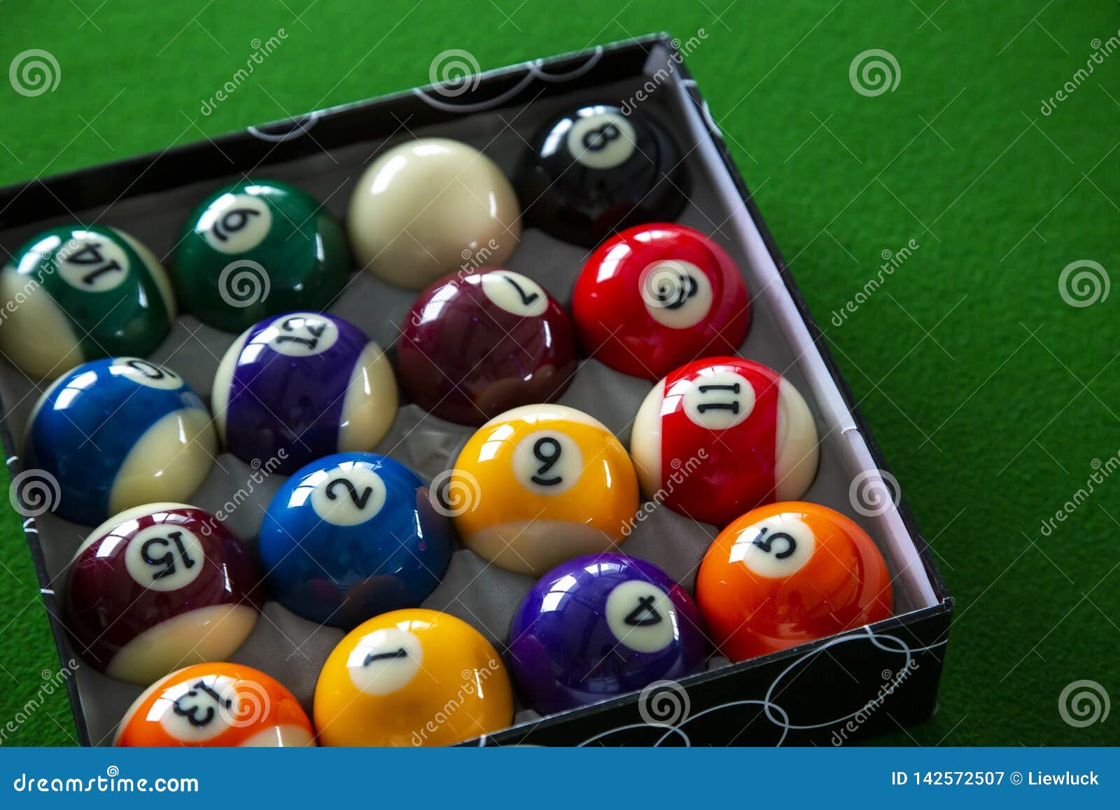 Colorful Billiard Balls in Box Stock Image - Image of sport, green ...