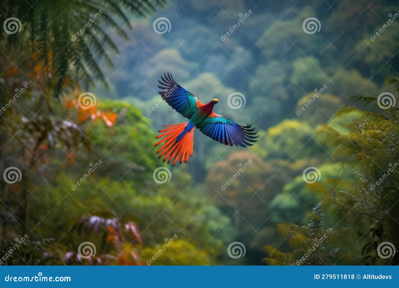 Colorful Bird Flying Above Forest with View of the Trees Stock ...