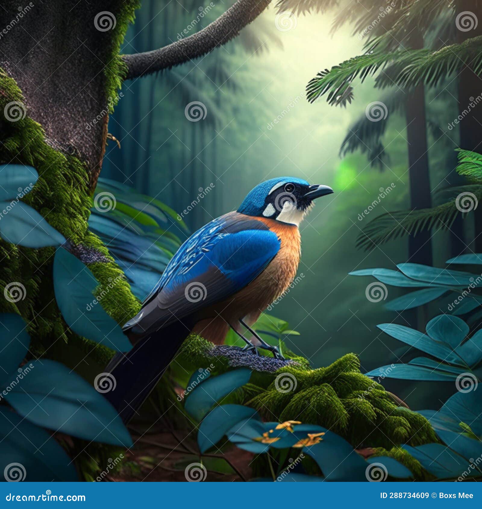 Colorful Bird in the Forest, 3d Rendering. Computer Digital Drawing ...
