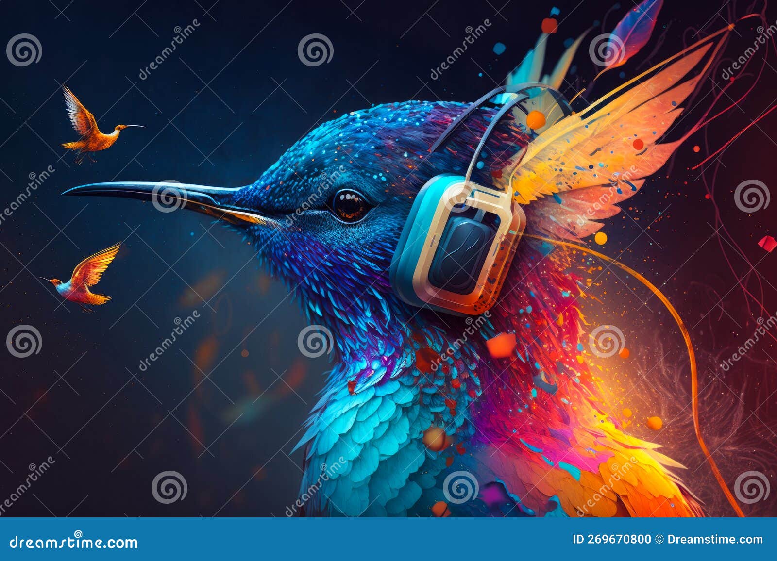 Colorful Bird with Headphones on Its Head. Generative AI Stock Photo ...