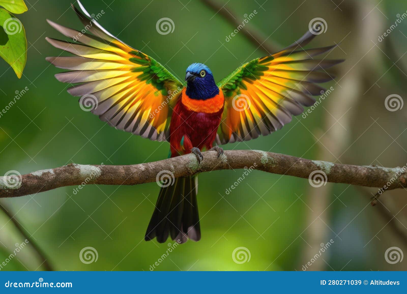 The Colorful Bird Sitting on the Tree Branch, with Its Wings Spread ...
