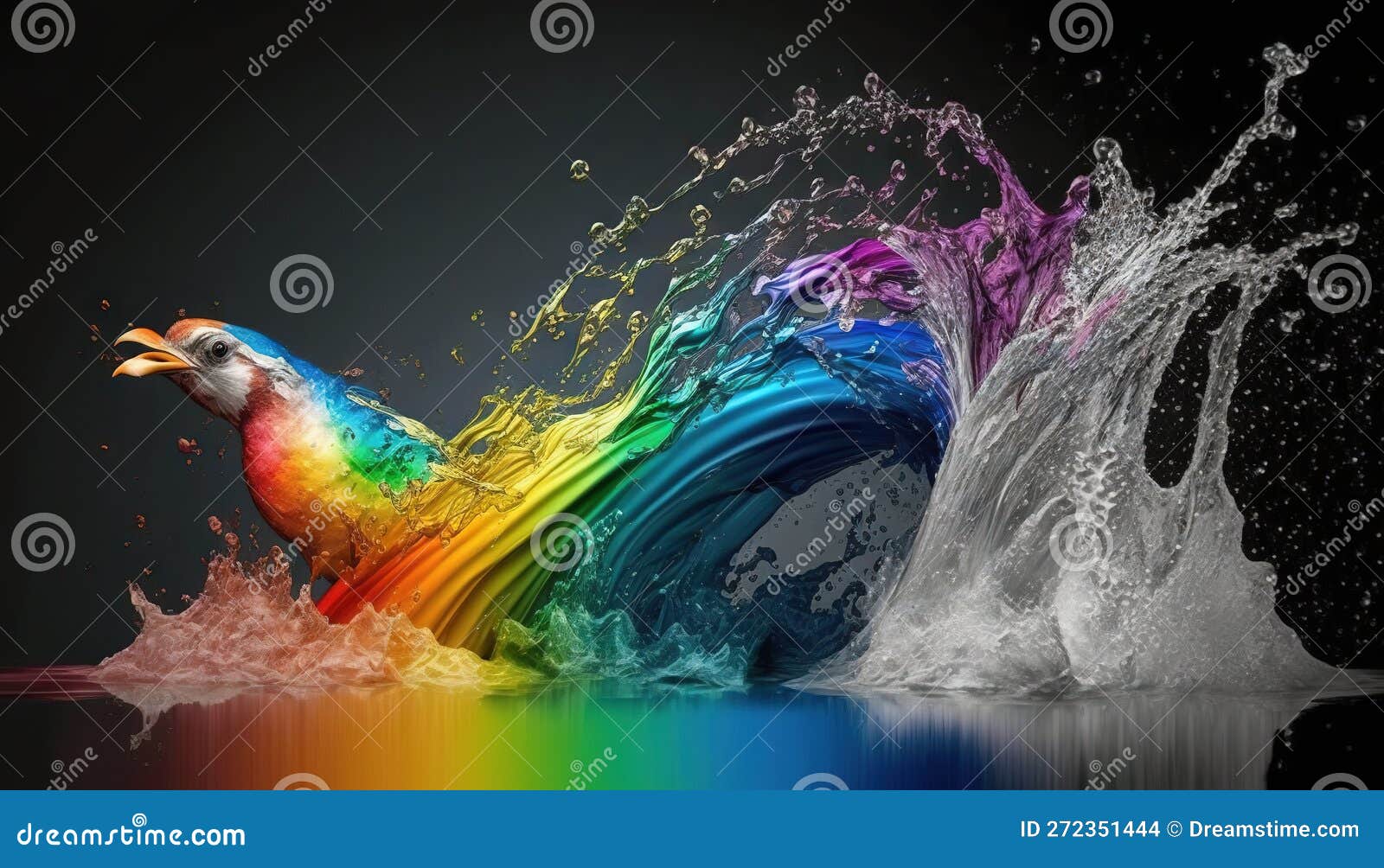 A Colorful Bird Splashing Water into a Rainbow Colored Puddle Stock ...