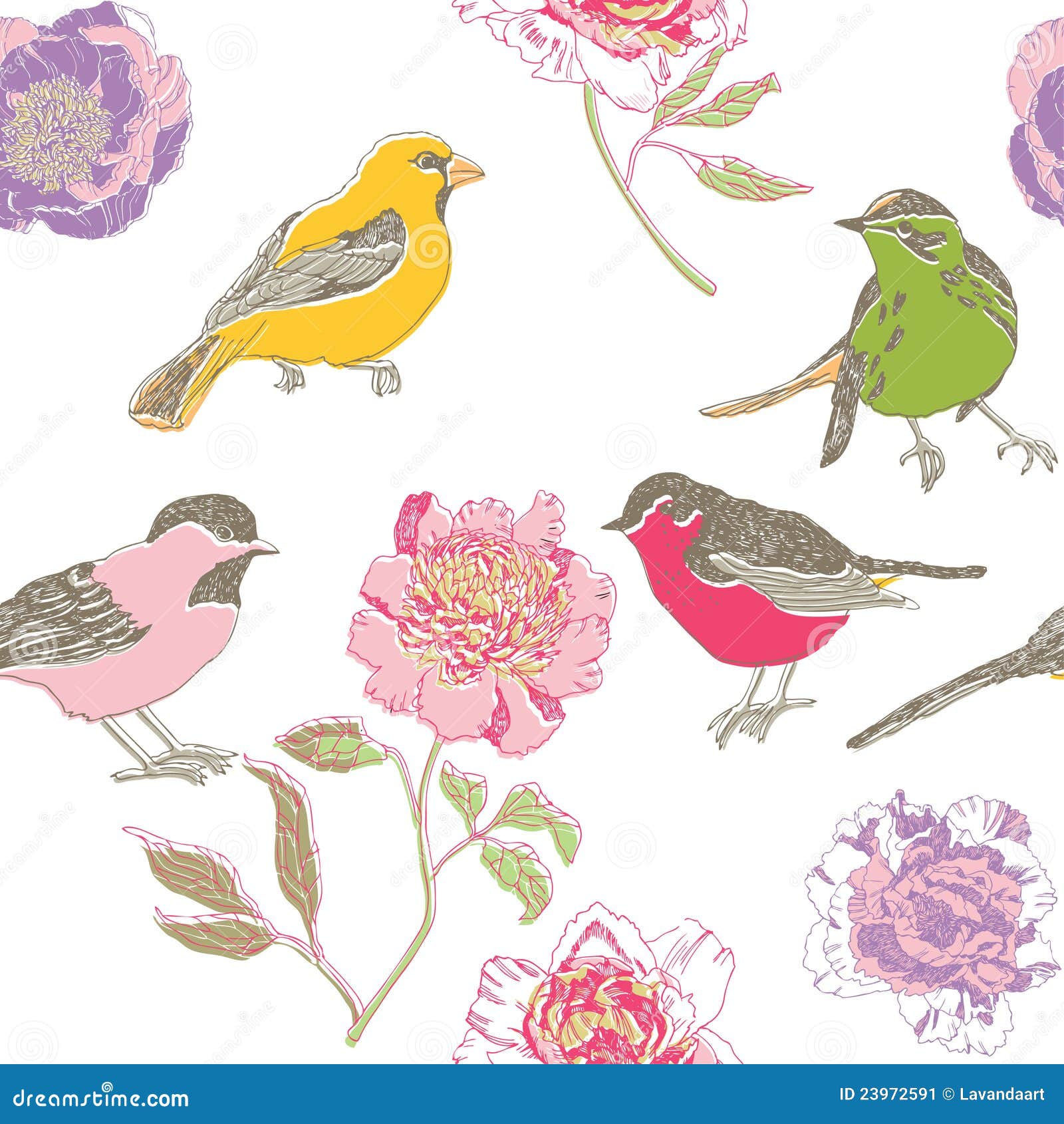 Colorful Birds and Flowers Pattern Stock Illustration - Illustration of ...