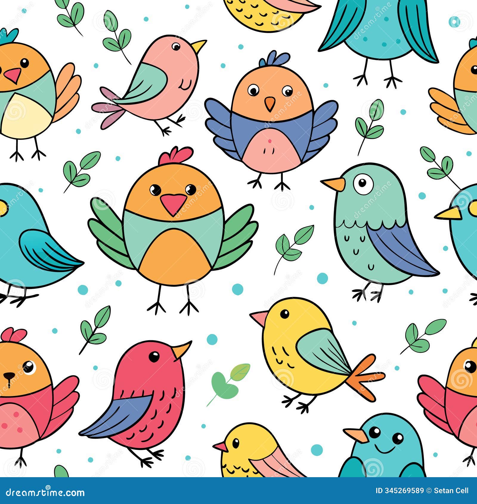 Colorful Birds Pattern with Leaves and Dots on a White Background Stock ...