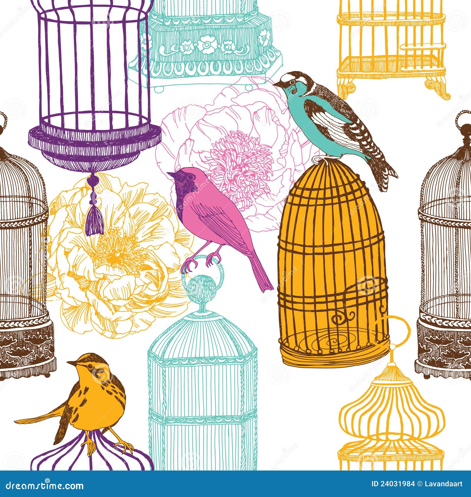 Colorful Birds and Various Cages Print Stock Illustration ...