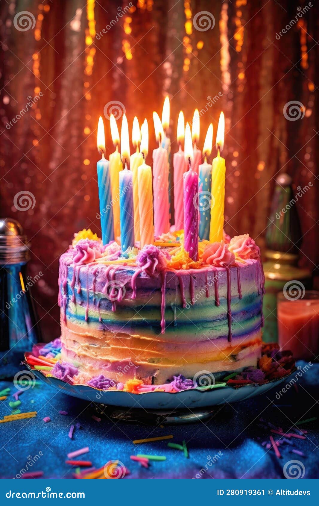 Colorful Birthday Cake With Lit Candles On A Table Stock Illustration