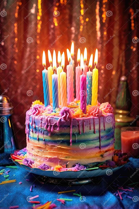 Colorful Birthday Cake With Lit Candles On A Table Stock Illustration