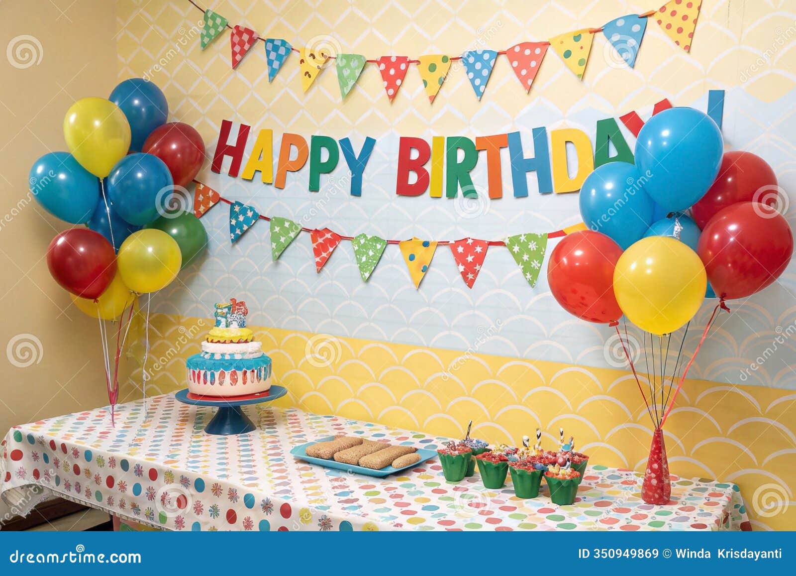 Colorful Birthday Party Setup with Cake, Balloons, and Decorations ...